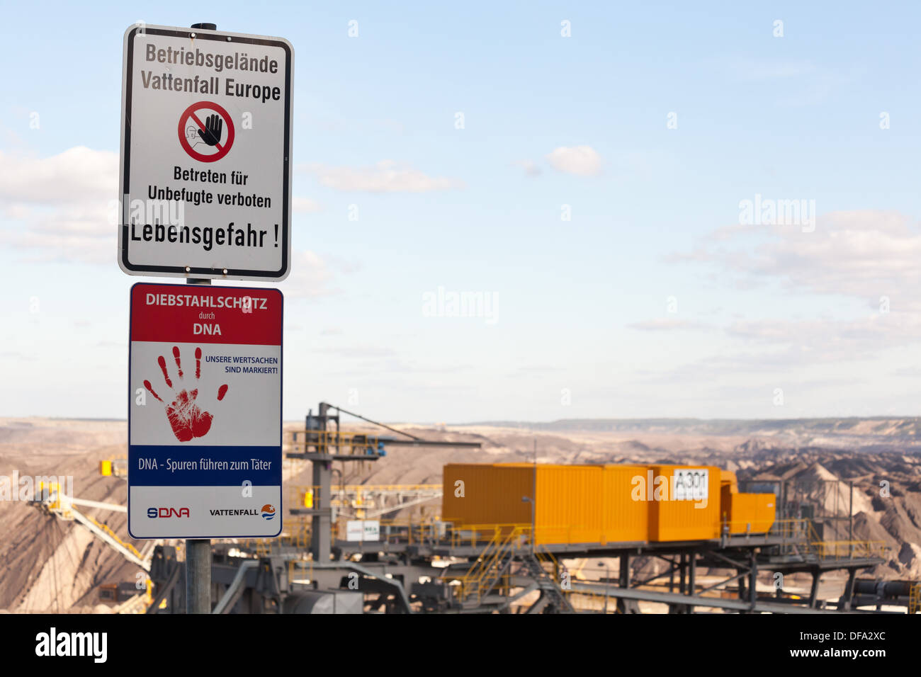 SelectaDNA (SDNA) warning sign at open-pit coal mine - Welzow Süd ...