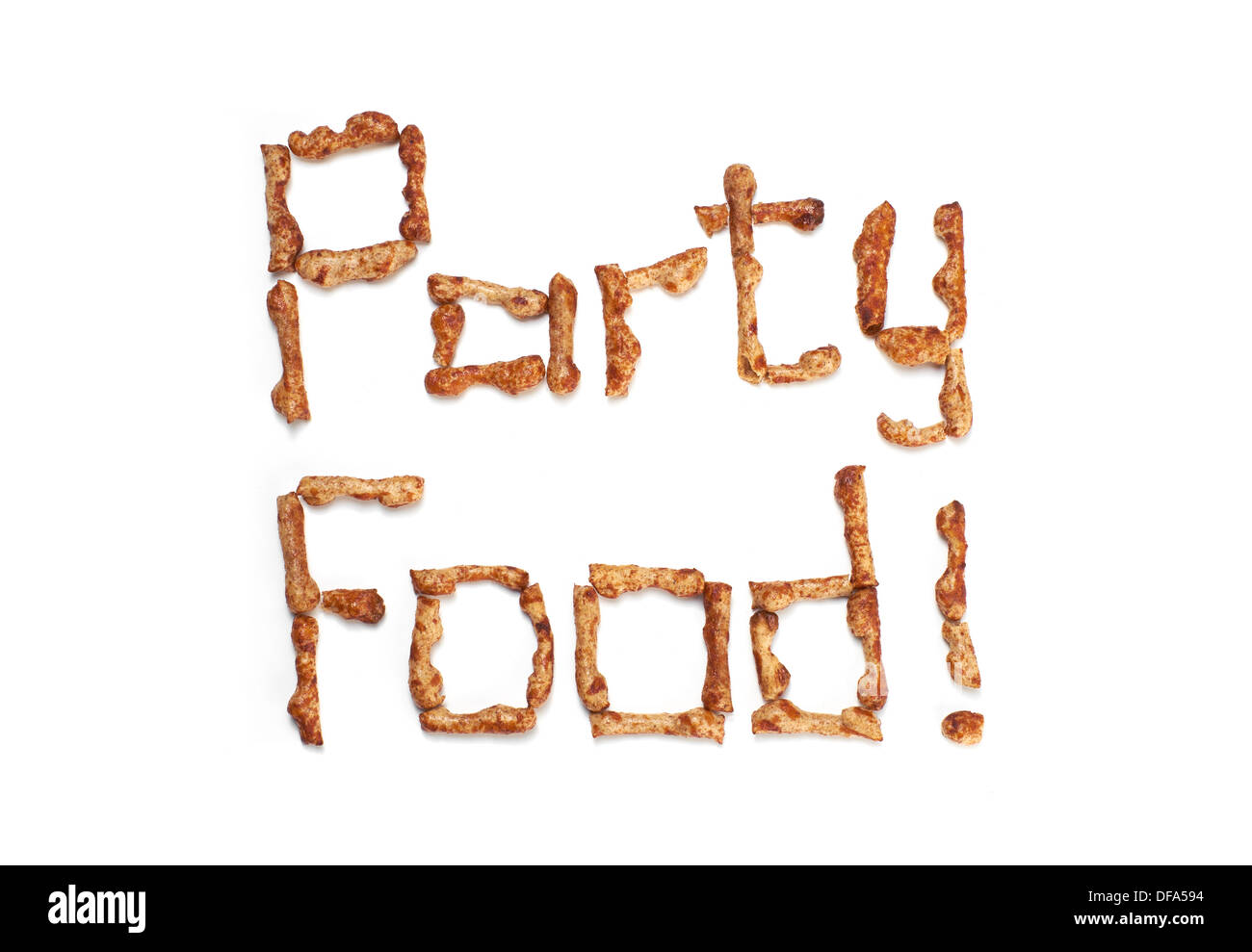 The words "Party Food" made from savoury party snacks on a white ...