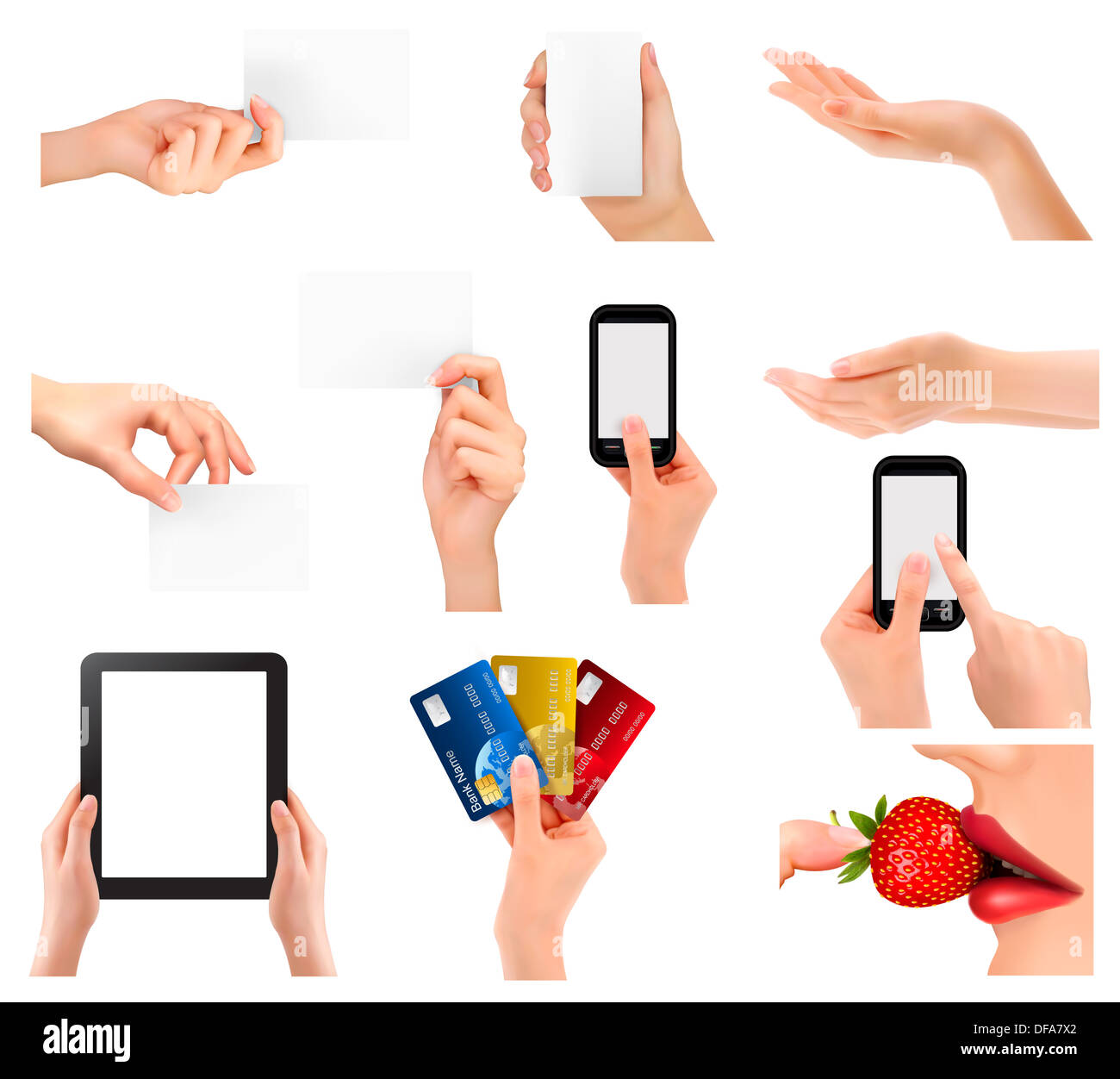 Set of hands holding different business objects. Vector illustration ...