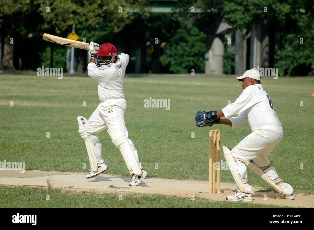 New York City (USA): men playing cricket at the Flushing Meadows Corona ...