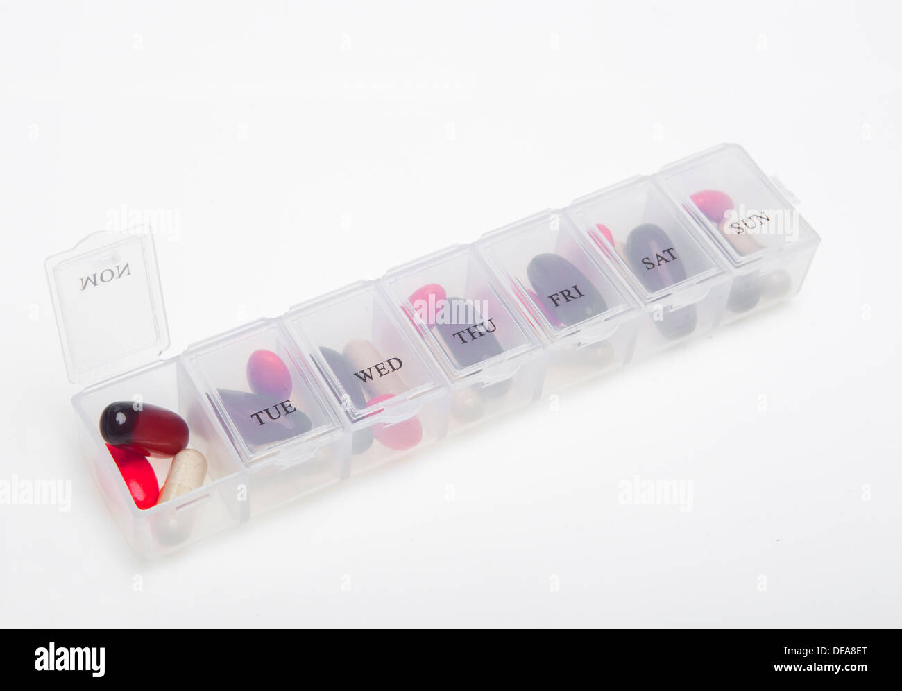 Pill box with variety of pills and supplement Stock Photo - Alamy