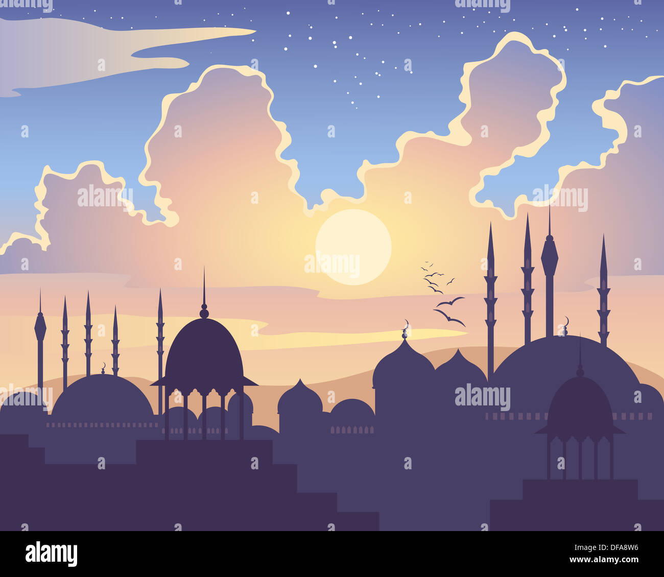 an illustration of an Islamic skyline at sunset with Asian architecture ...