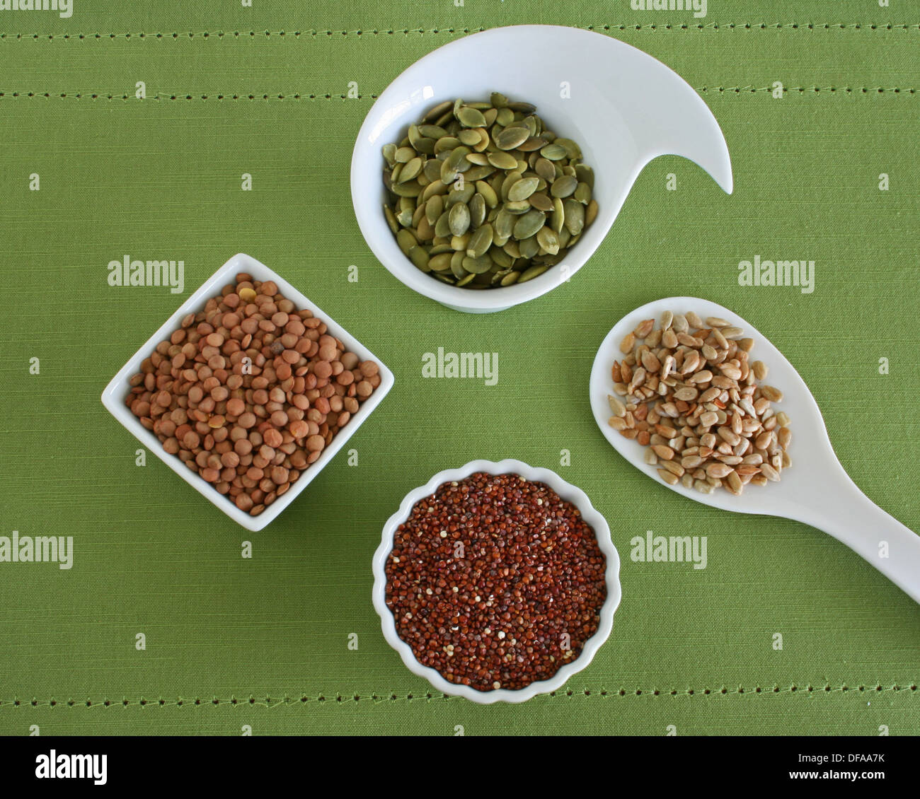 Lentils, shelled sunflower seeds, shelled pumpkin seeds and red quinoa ...