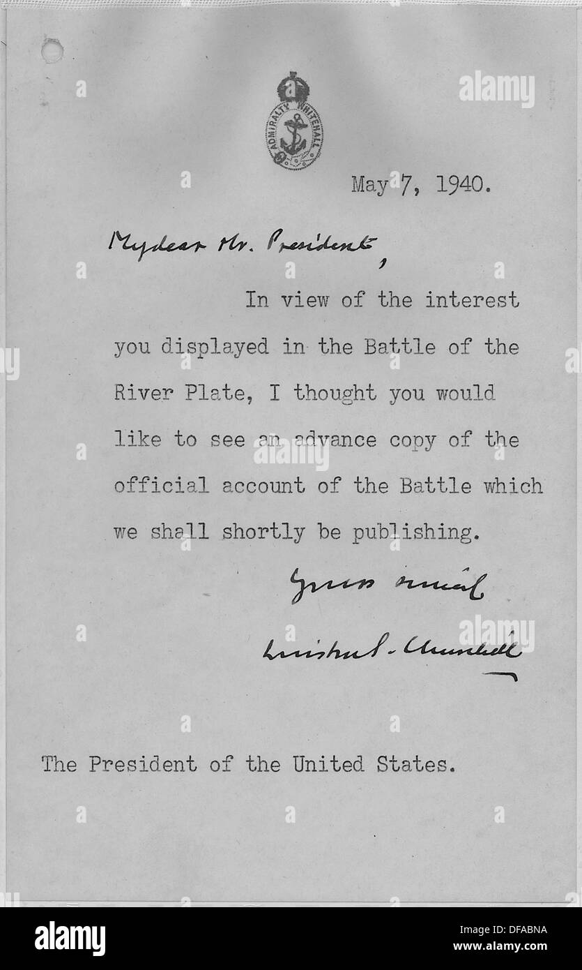 A letter from Winston Churchill to Franklin D. Roosevelt, offering ...