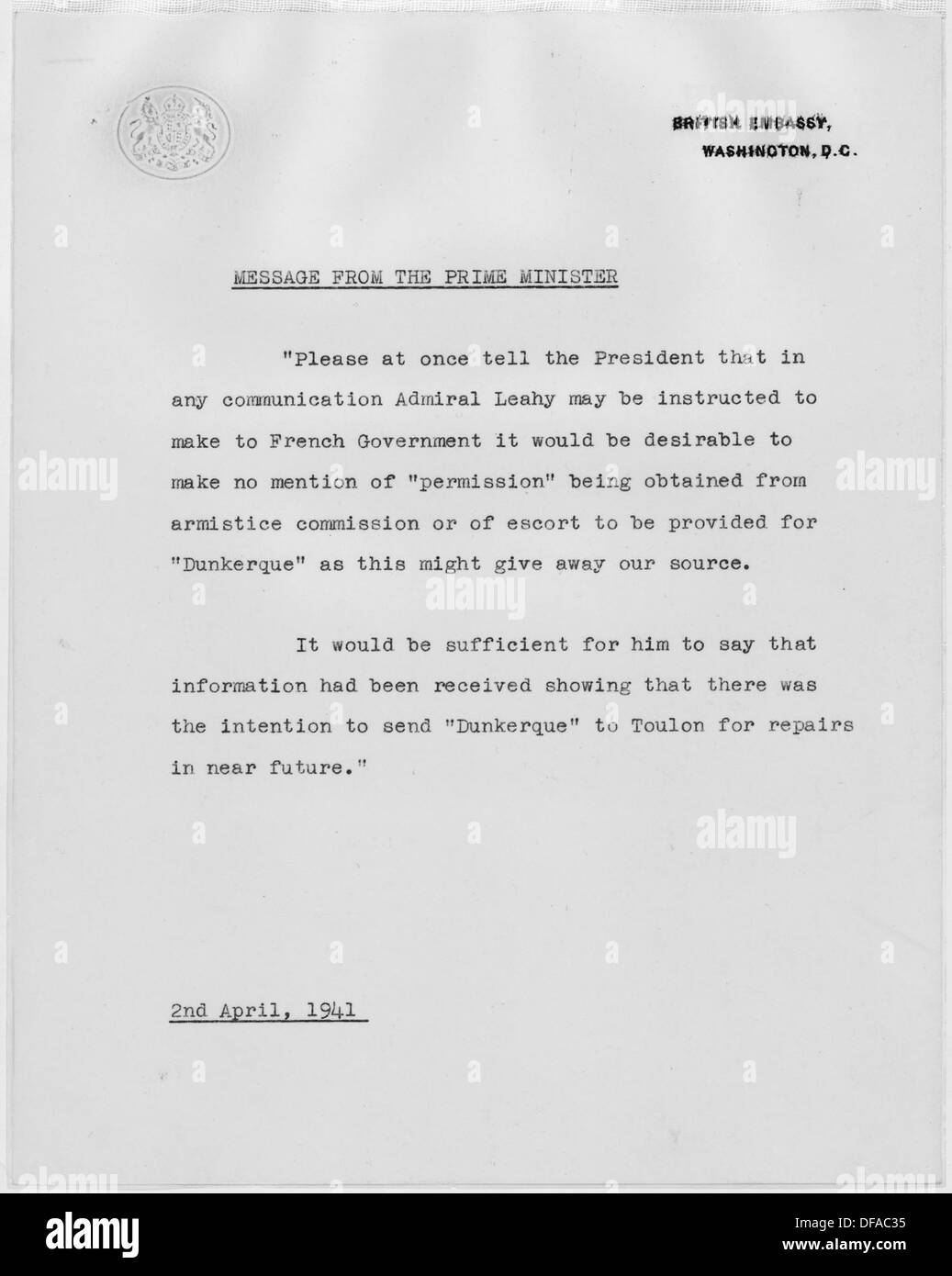A letter or communication from Winston Churchill to Franklin D ...