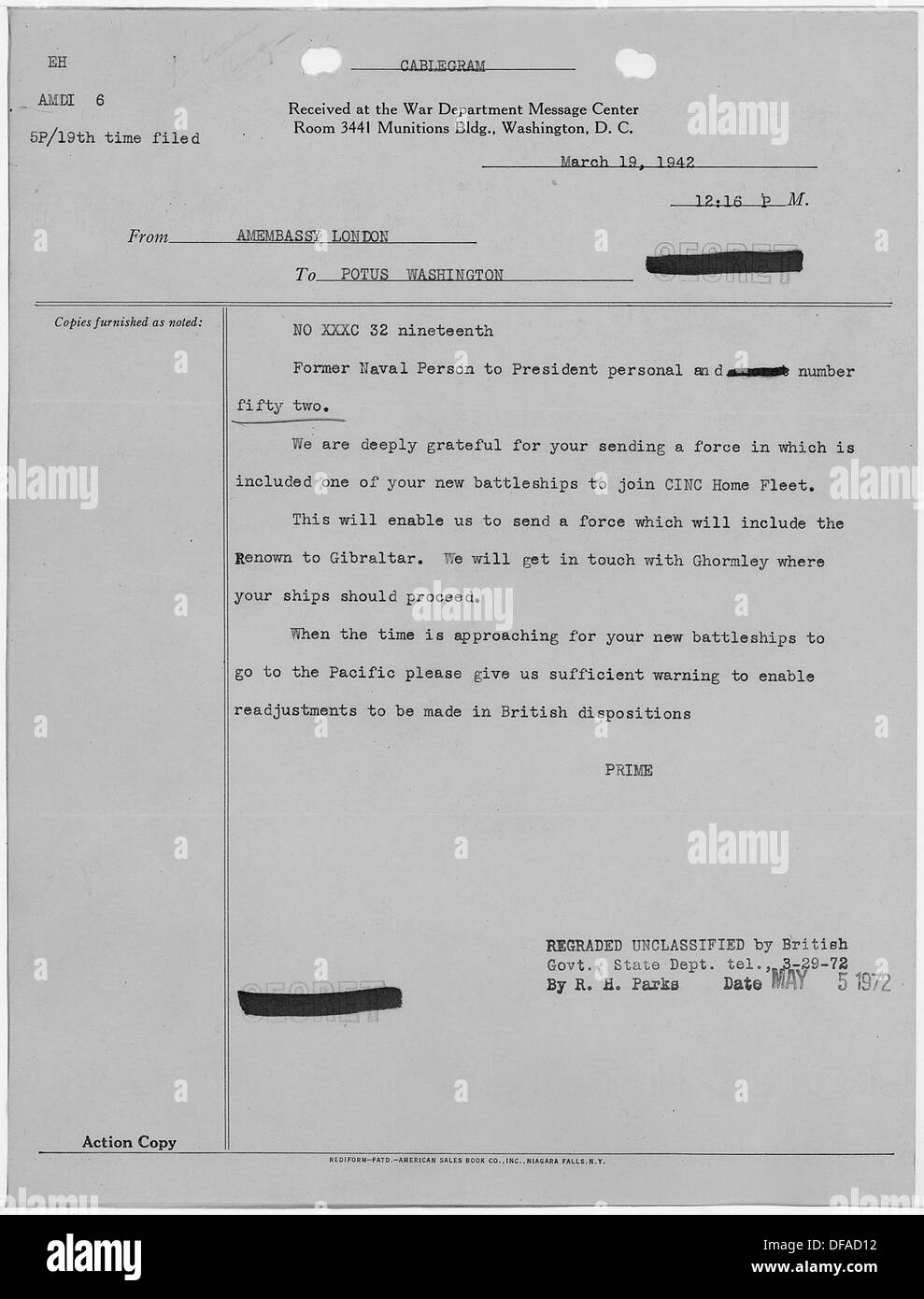 A correspondence from Winston Churchill to Franklin D. Roosevelt ...