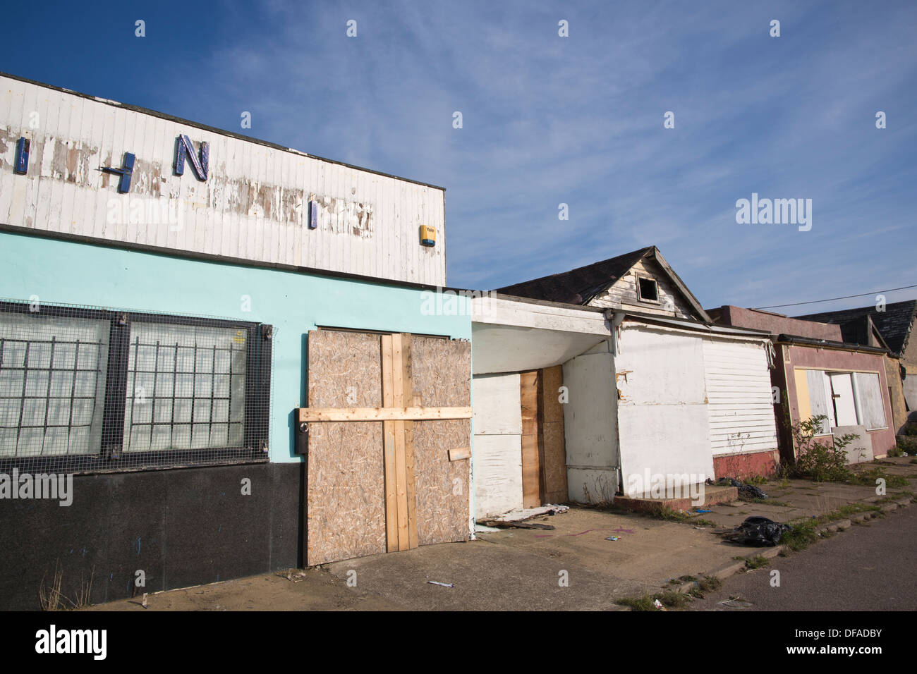 Boarded up shops in Jaywick, Brooklands Estate, Essex coastal town ...