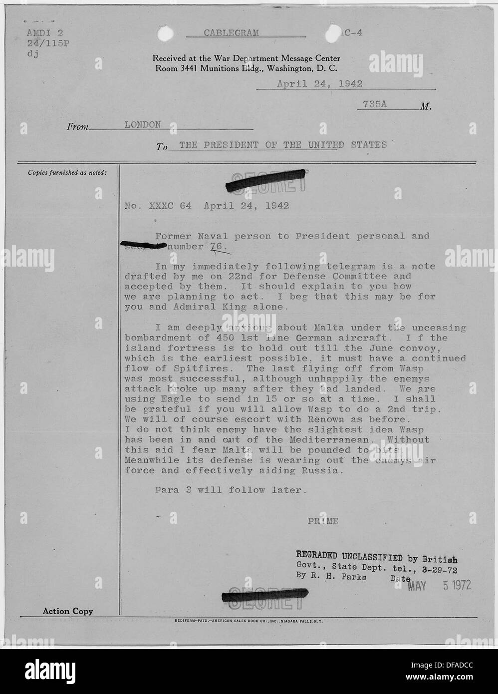 A correspondence from Winston Churchill to Franklin D. Roosevelt in ...