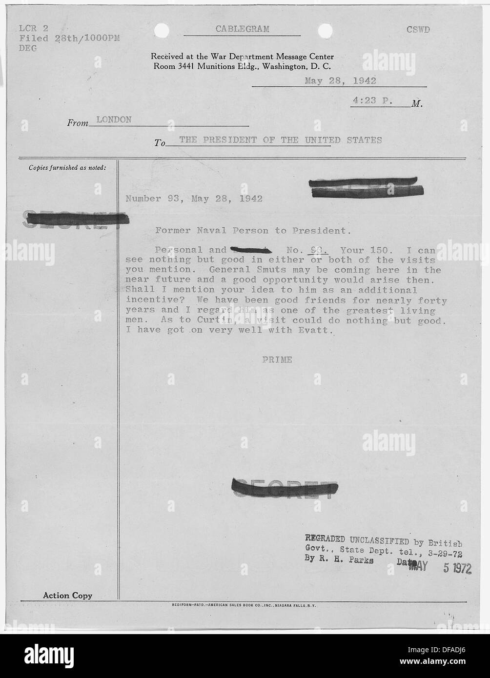 A letter from Winston Churchill to Franklin D. Roosevelt, highlighting ...