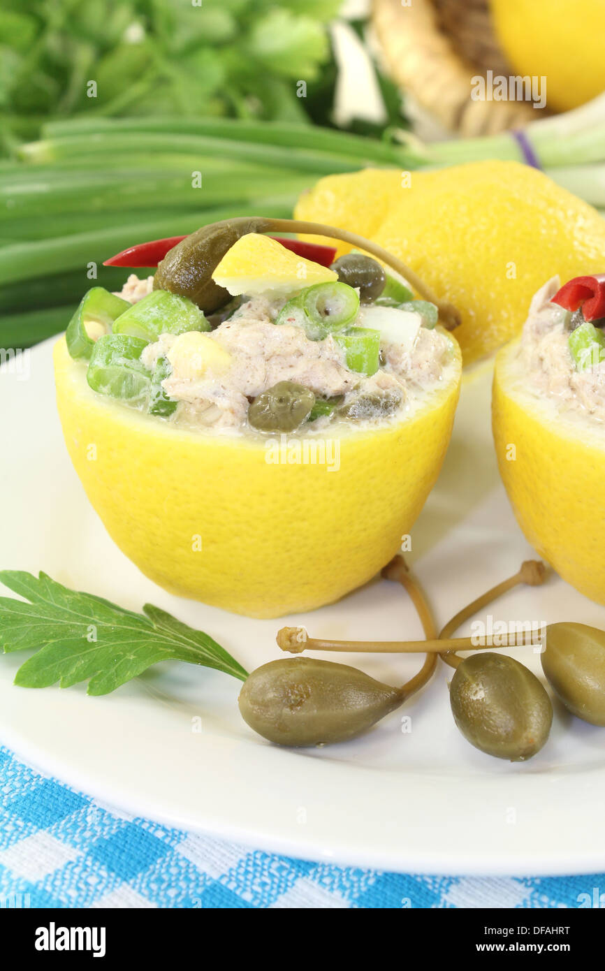 stuffed Lemons with tuna cream on a light background Stock Photo - Alamy