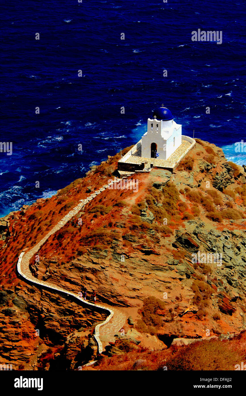 Greece, Cyclades islands, Sifnos, the chapel of Seven Martyrs below ...