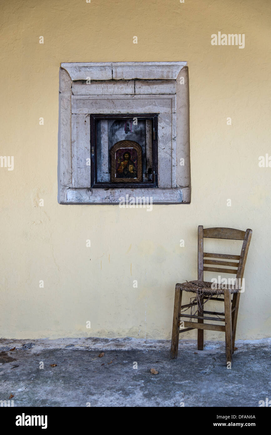 Icon and chair, Pantokrator monastery, Corfu, Greece Stock Photo - Alamy