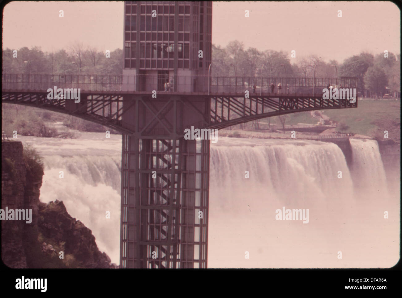 The image captures a view of American Niagara Falls and the Observation Tower, offering a ...