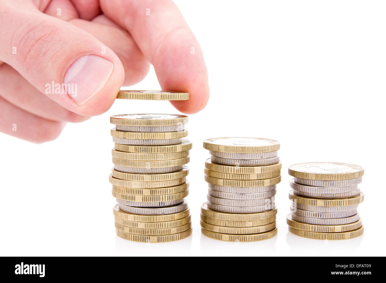 Hand put coin to money staircase on white background Stock Photo - Alamy