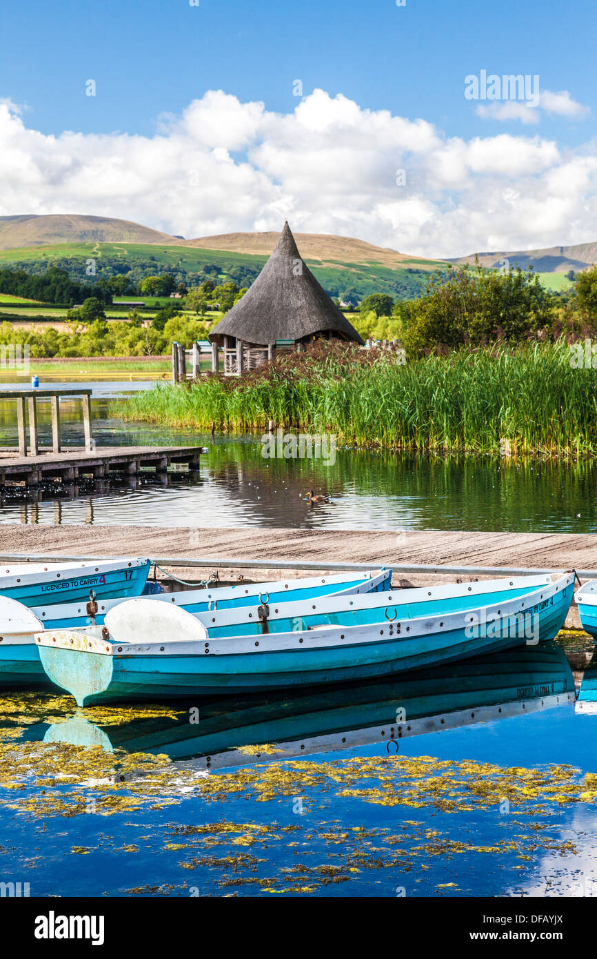 Rowing boats moored at Llangors Lake in the Brecon Beacons National ...