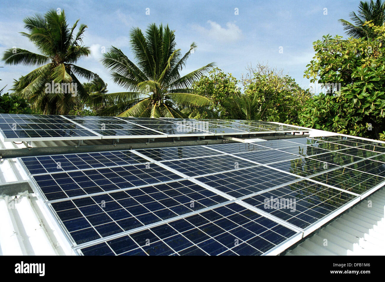 Solar panels on refrigeration plant (for keeping fish fresh). Likiep ...