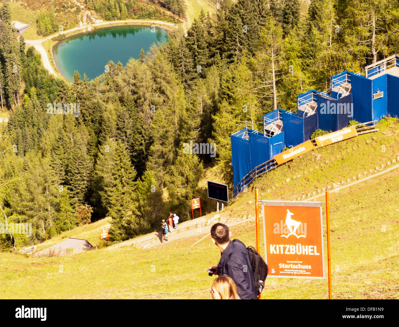 Austria kitzbuhel Europe top of ski run in summer sign as gate ...