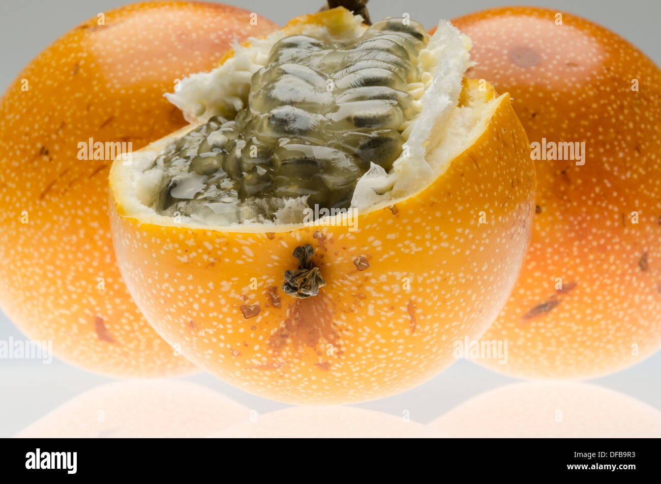 Sweet granadilla or Grenadia (Passiflora ligularis fruit Stock Photo ...