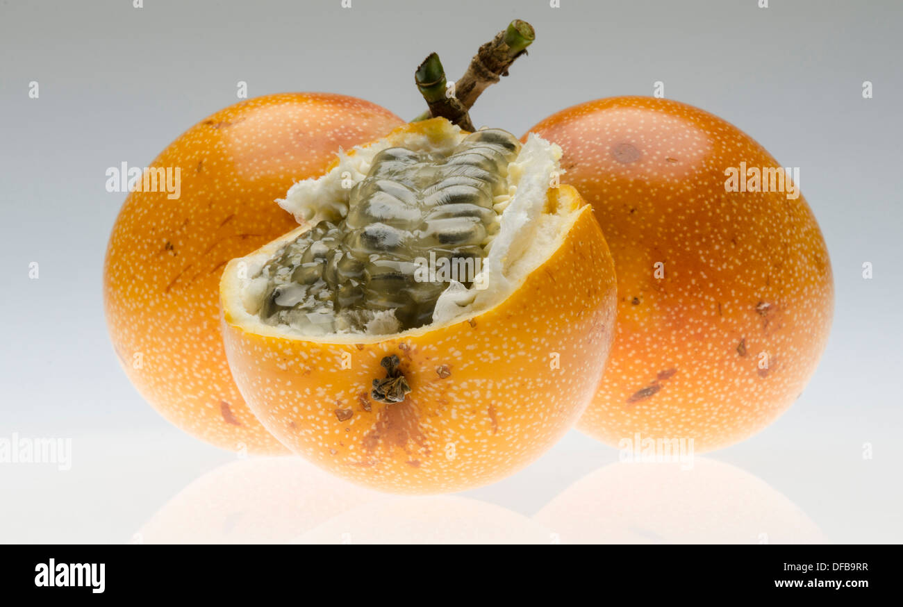 Sweet granadilla or Grenadia (Passiflora ligularis fruit Stock Photo ...
