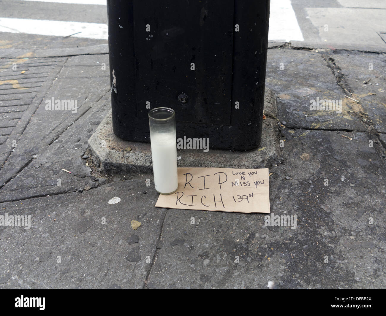 Simple, sidewalk memorial on E.139th St. in The Bronx, NY, 2013 Stock ...