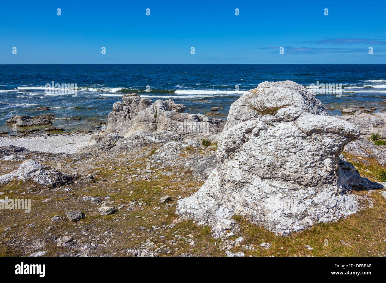 Rocky coast of Fårö island in Gotland, Sweden. Rock formation reminding ...