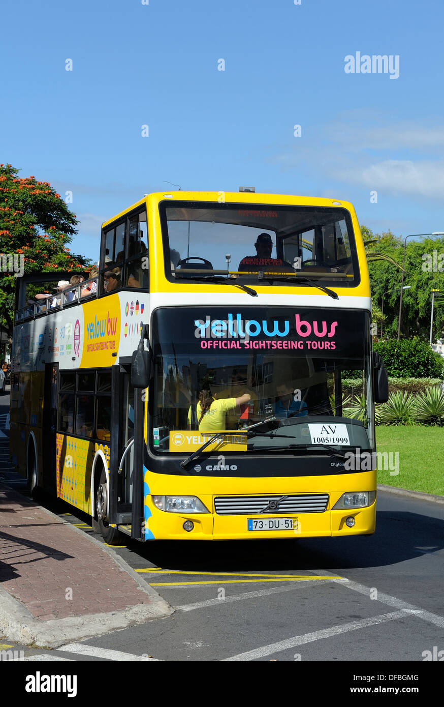 Yellow bus sightseeing City tour of Funchal Madeira Portugal Stock ...
