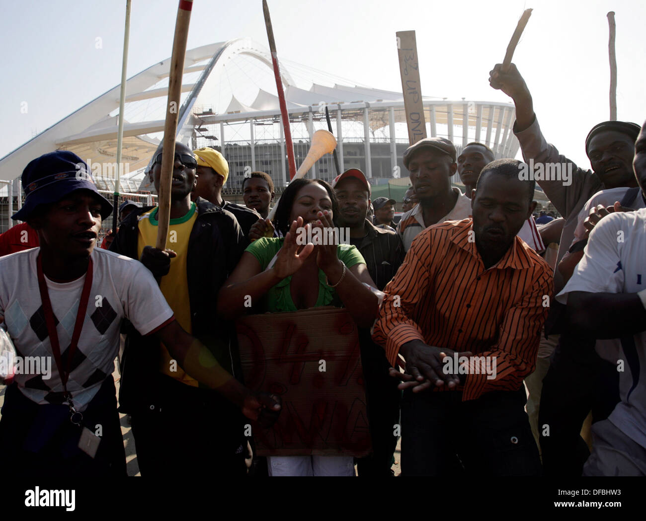 Striking construction workers picket in front Moses Mabhida stadium ...