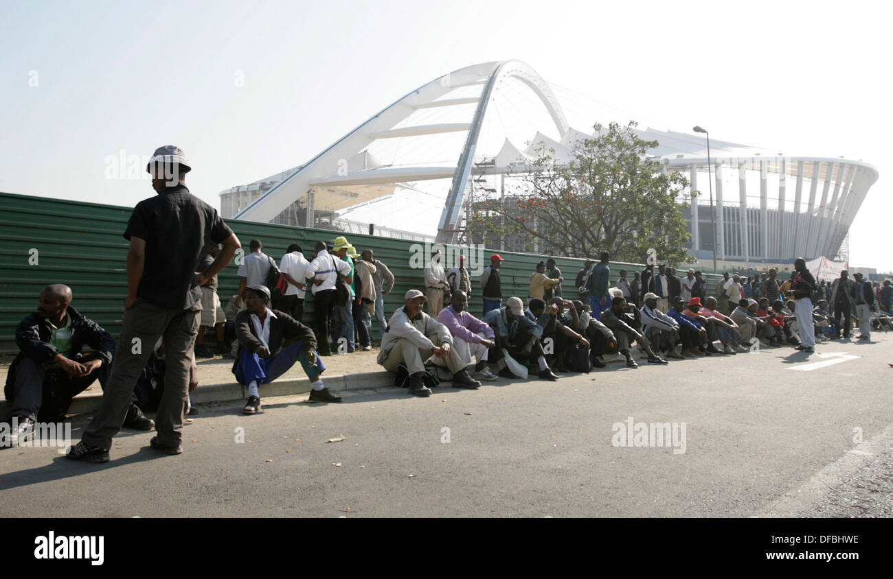Striking construction workers picket in front Moses Mabhida stadium ...