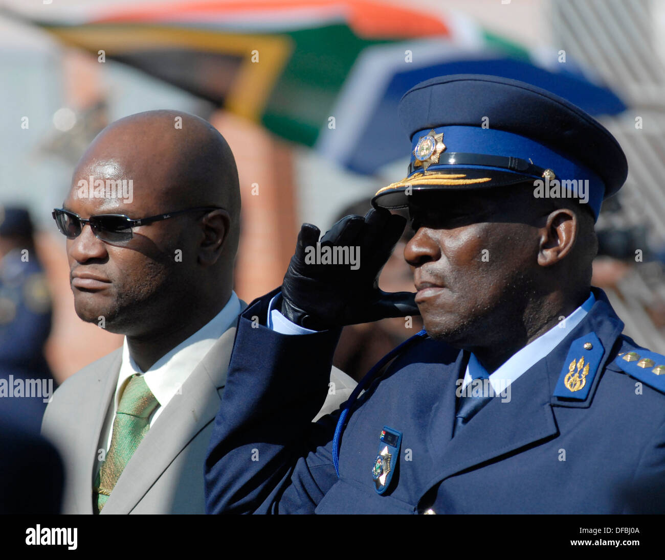 South Africas Police Commissioner Bheki Cele Salutes Standing Next