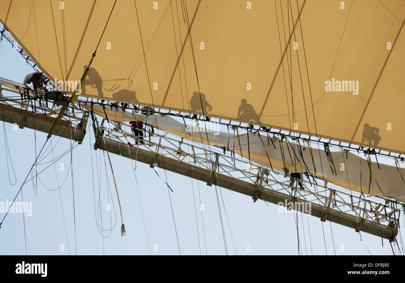 Workers put in sails above Moses Mabhida Stadium bring built for 2010 ...