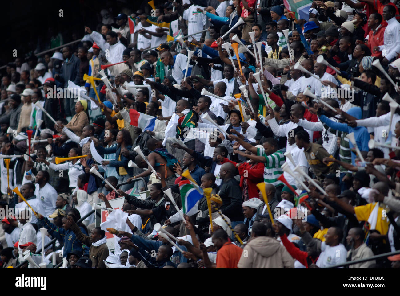 South African soccer fans with vuvuzels watch Bafana Bafana play Chad ...