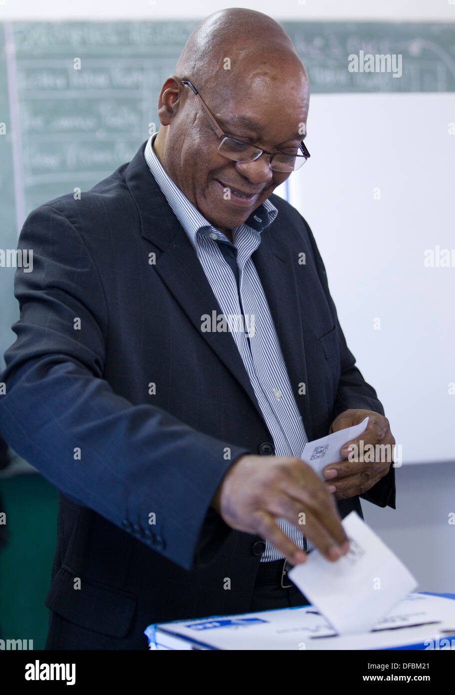 South African President Jacob Zuma votes a station near his Nkandla ...