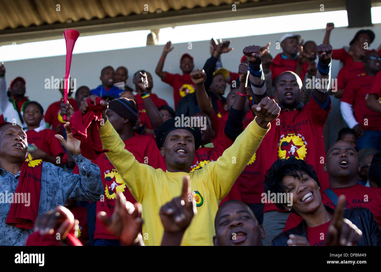 Union members sing during a NUMSA Rally Curries Fountain in Durban as ...