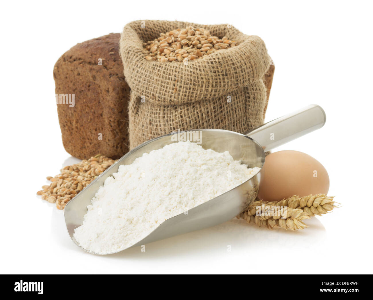 wheat flour and bread isolated on white background Stock Photo - Alamy