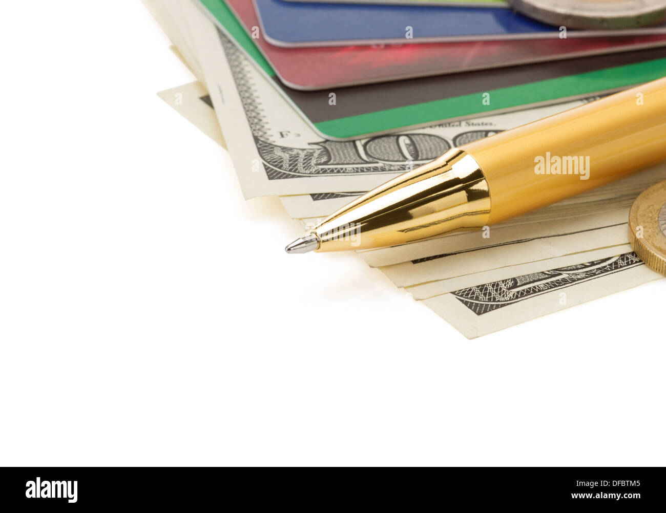 pen on dollar money banknotes isolated at white background Stock Photo ...