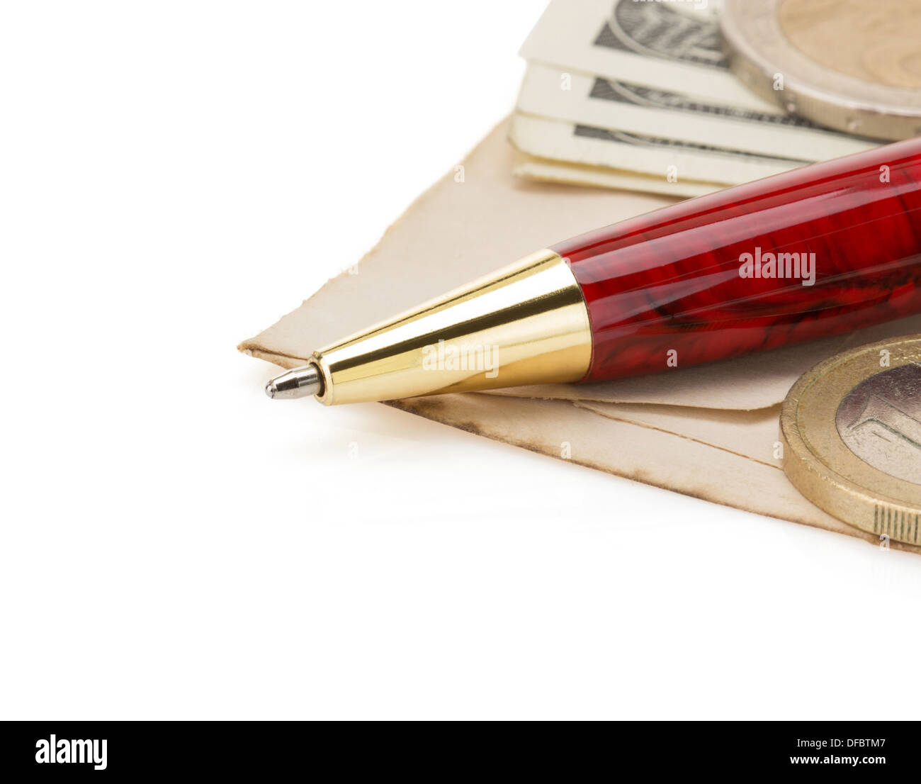 pen at old paper isolated on white background Stock Photo - Alamy