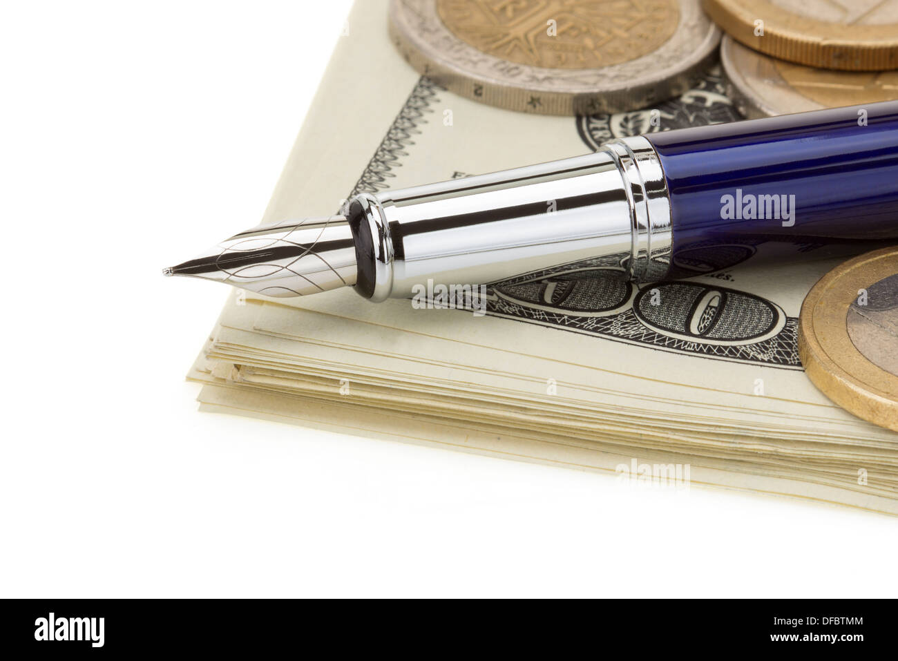 pen on dollar money banknotes isolated at white background Stock Photo ...