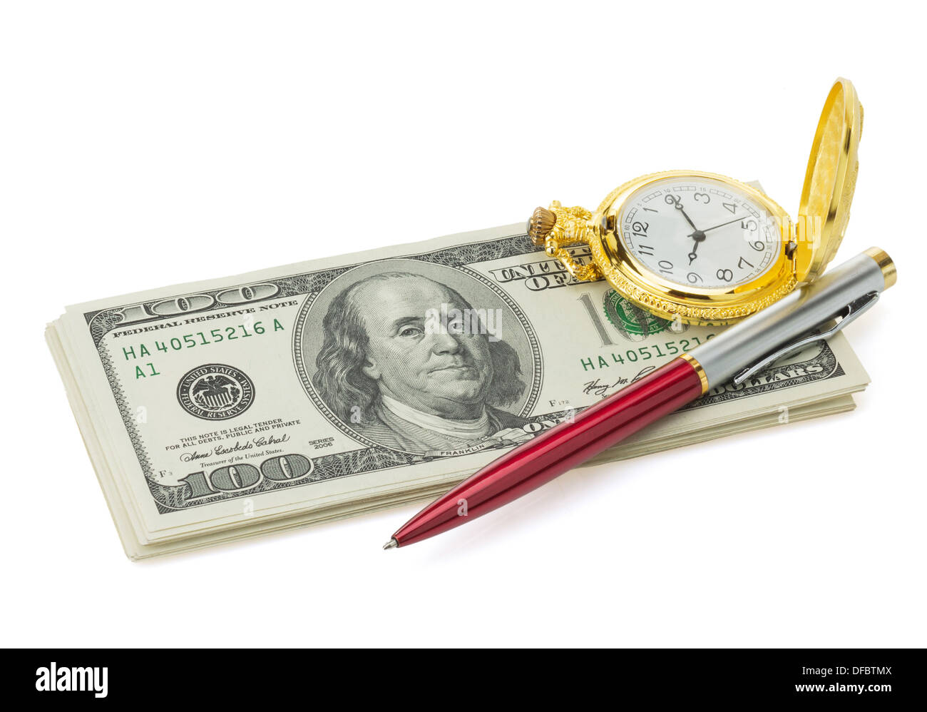 dollars banknotes and watch isolated on white background Stock Photo ...
