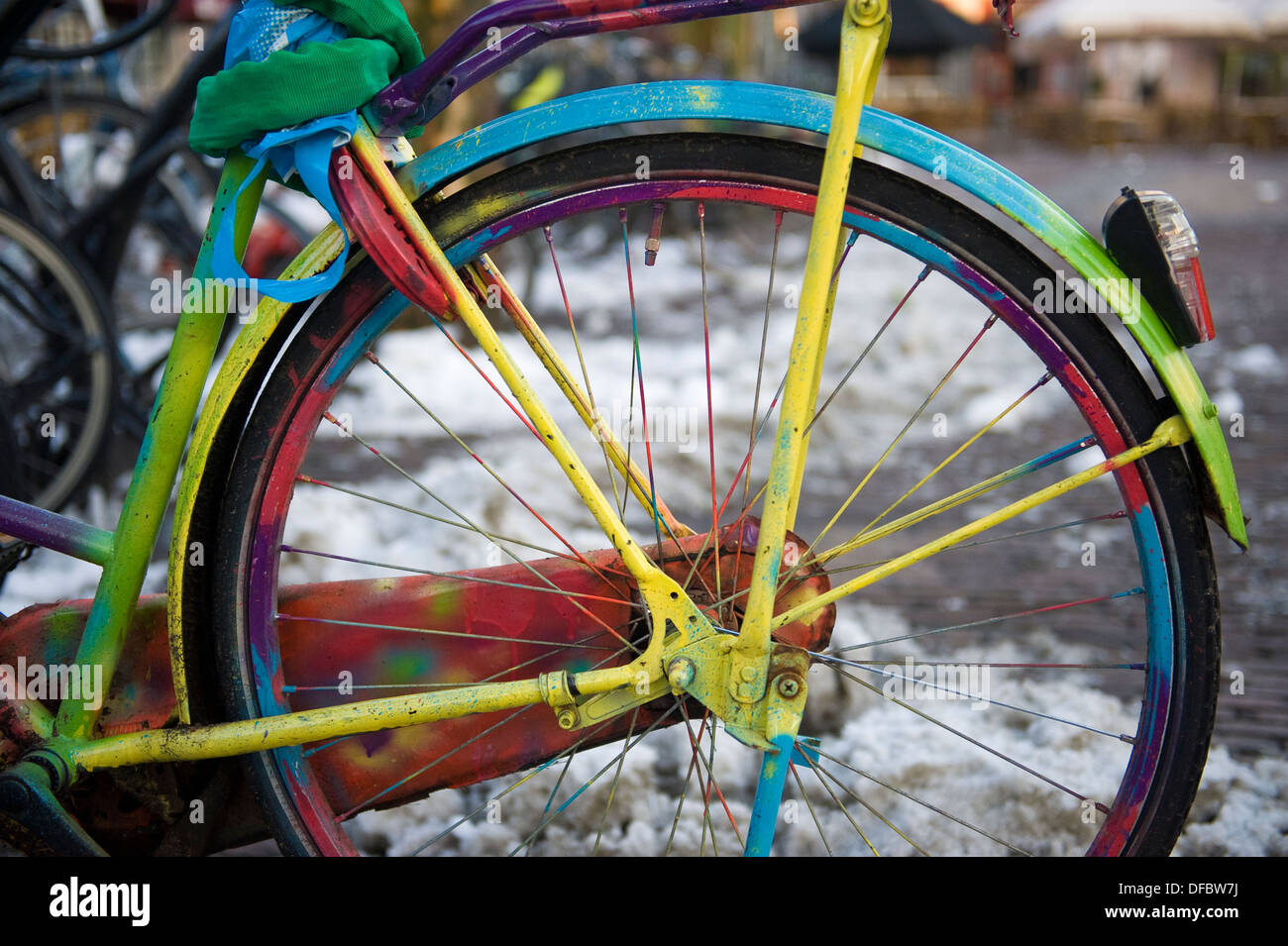 Dutch bicycle painted in different colors, closeup detail, Amersfoort ...