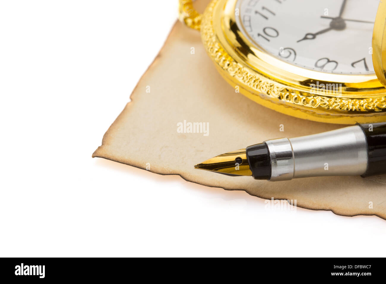 watch and pen at vintage parchment isolated on white background Stock ...