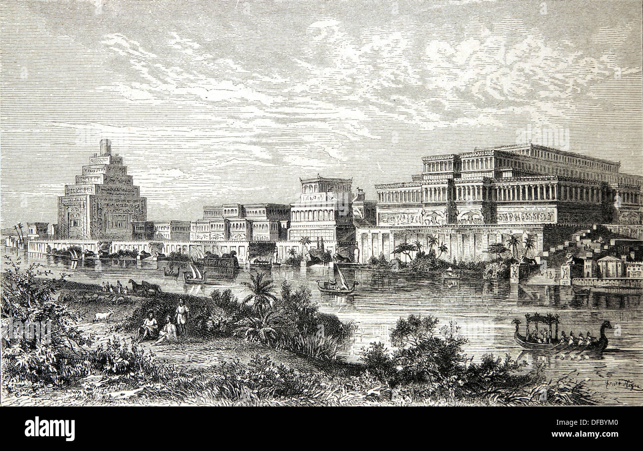 Palace of the kings of Assyria to the city of Nineveh. Engraving, 19th ...