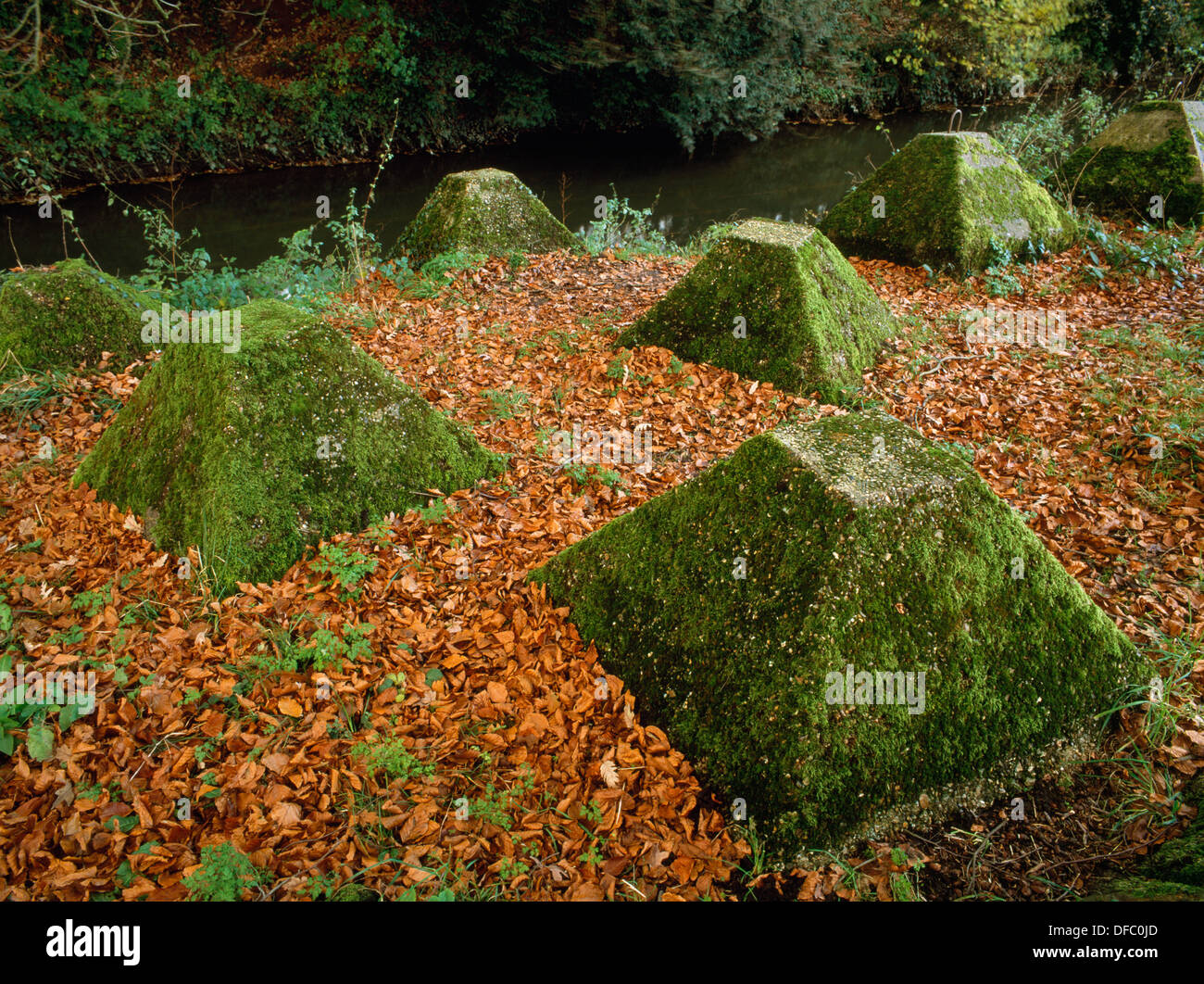 WWII concrete anti-tank blocks (dragon's teeth) placed beside the River ...