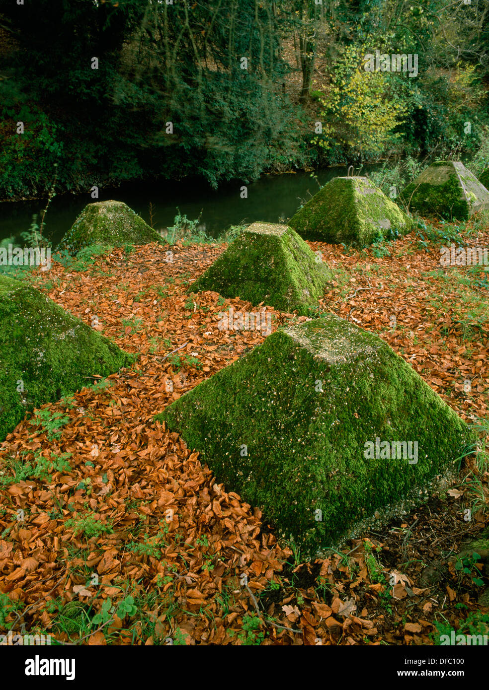 WWII concrete anti-tank blocks (dragon's teeth) placed beside the River ...