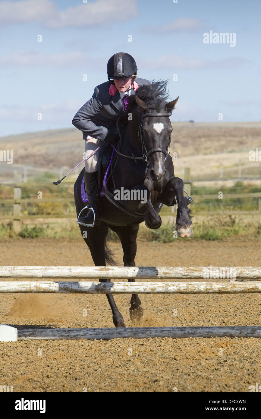 A horse and rider jumping a fence during a show jumping competition ...