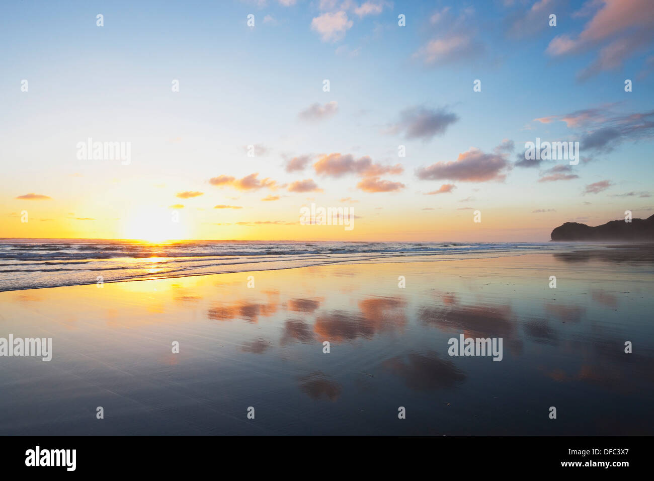 New Zealand, View of Piha Beach at sunset Stock Photo - Alamy