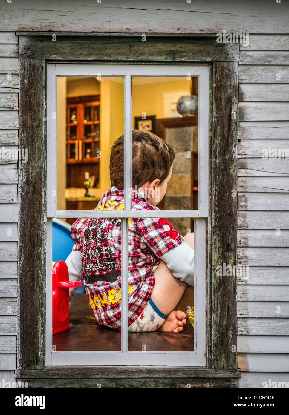 Three year old boy, in red and white checkered shirt, keenly watching ...