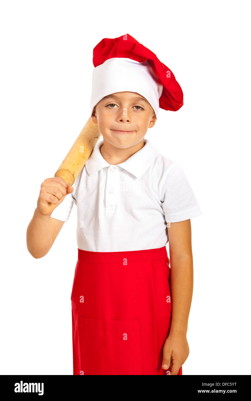 Little chef boy holding rolling pin isolated on white background Stock ...