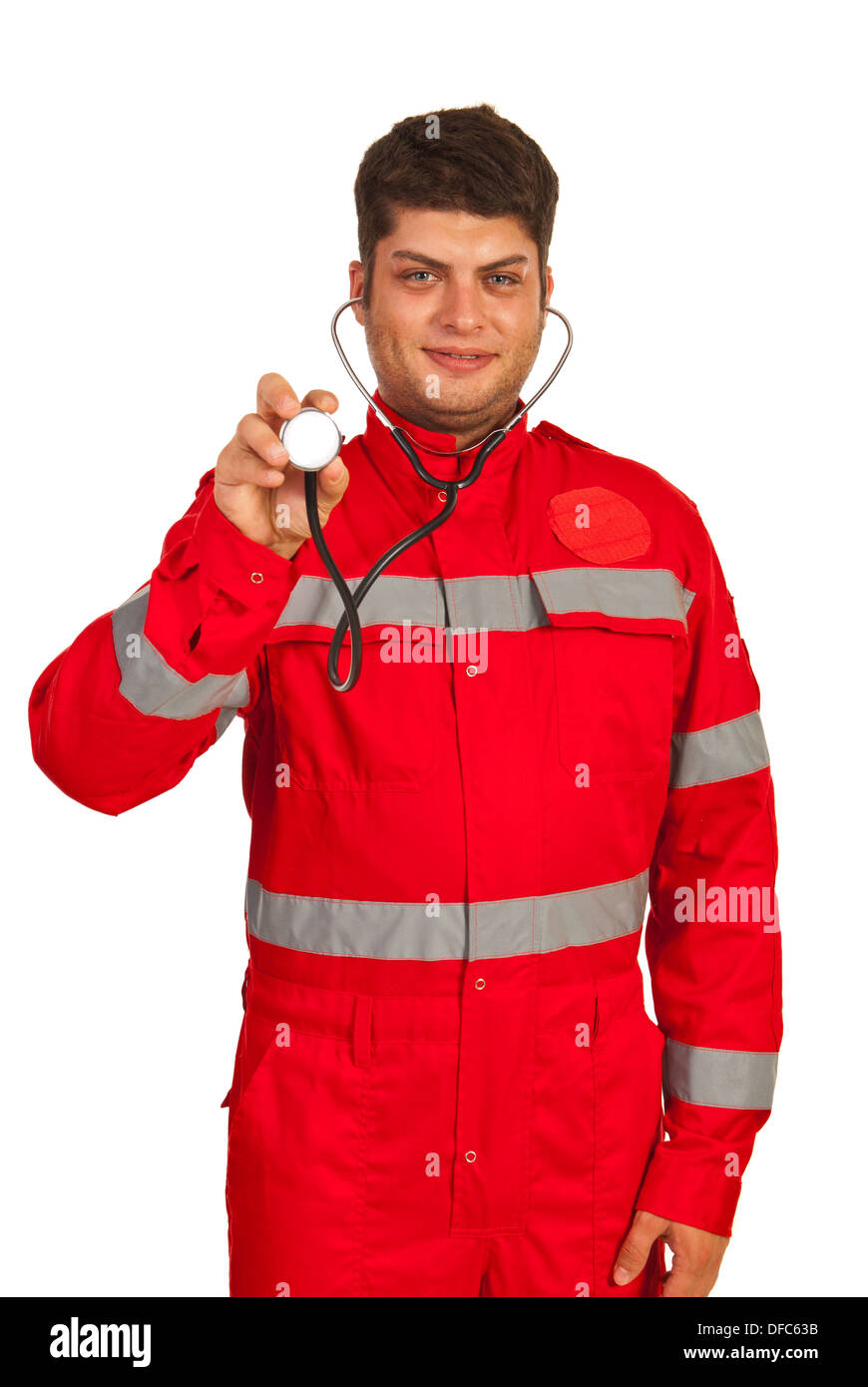 Paramedic man showing stethoscope isolated on white background Stock ...