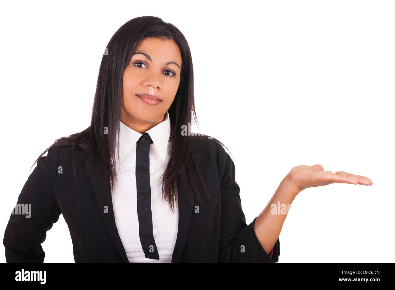 Business woman displaying something isolated Stock Photo - Alamy