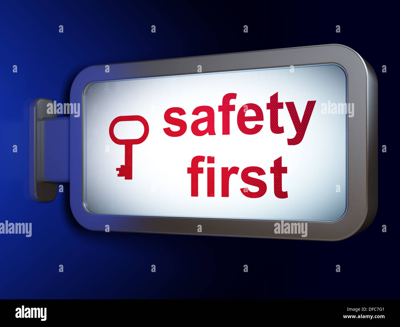 Protection concept: Safety First and Key on billboard background Stock ...